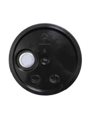 Black plastic tear tab lid with gasket and Rieke spout - Affordable Buckets